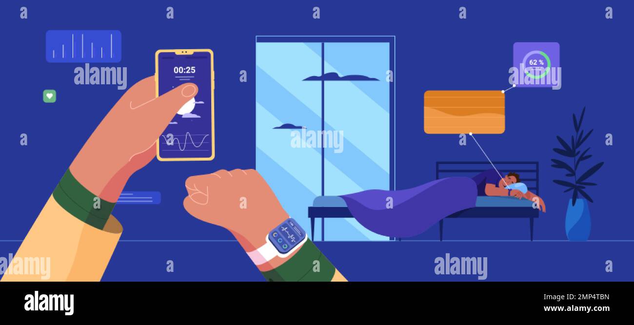 Flat man sleeping in bed with electronic smart watch on hand that ...