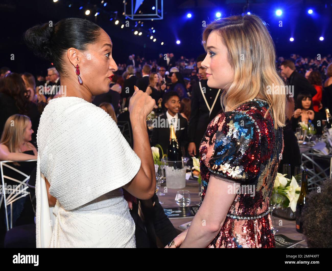 Tracee Ellis Ross, left, and Brie Larson appear in the audience at the ...