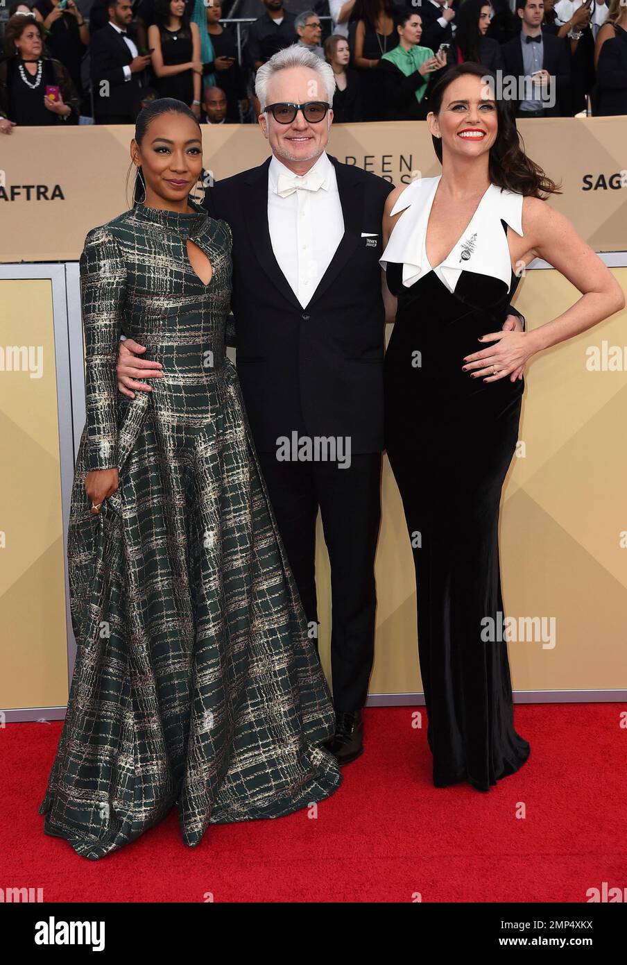 Betty Gabriel, from left, Bradley Whitford and Amy Landecker arrive at ...