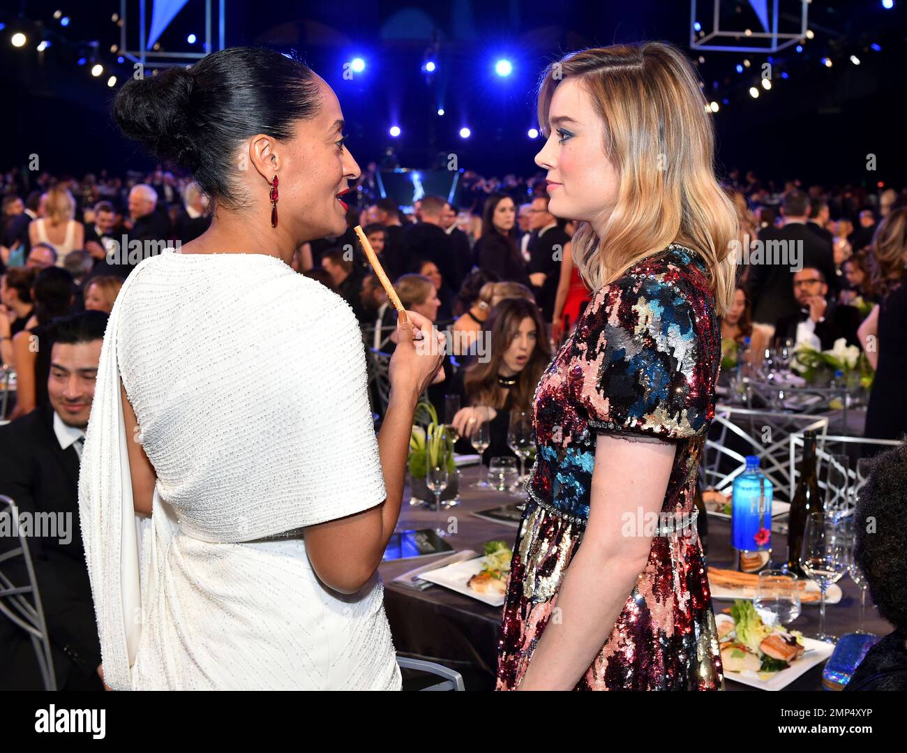 Tracee Ellis Ross, left, and Brie Larson appear in the audience at the ...