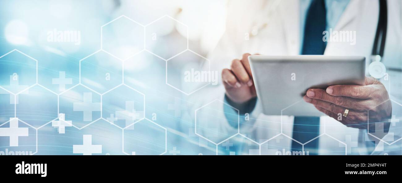 Healthcare, doctor with tablet and technology transformation overlay ...