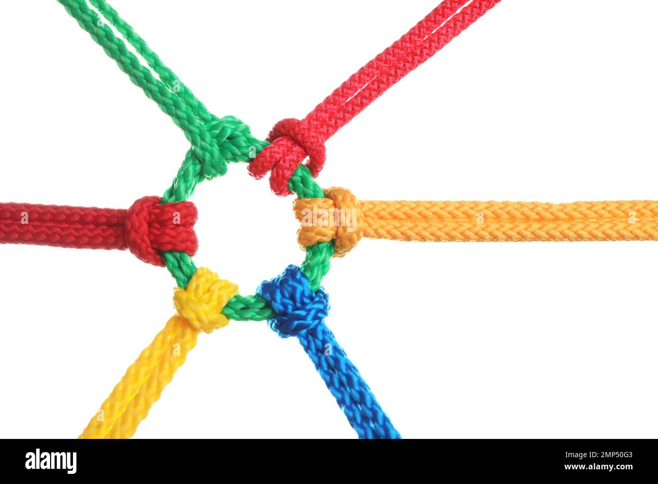 Colorful ropes tied together isolated on white. Unity concept Stock ...