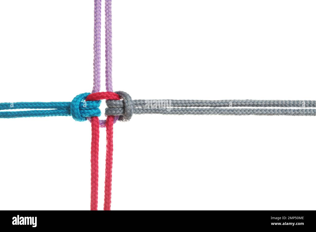 Colorful ropes tied together isolated on white. Unity concept Stock ...