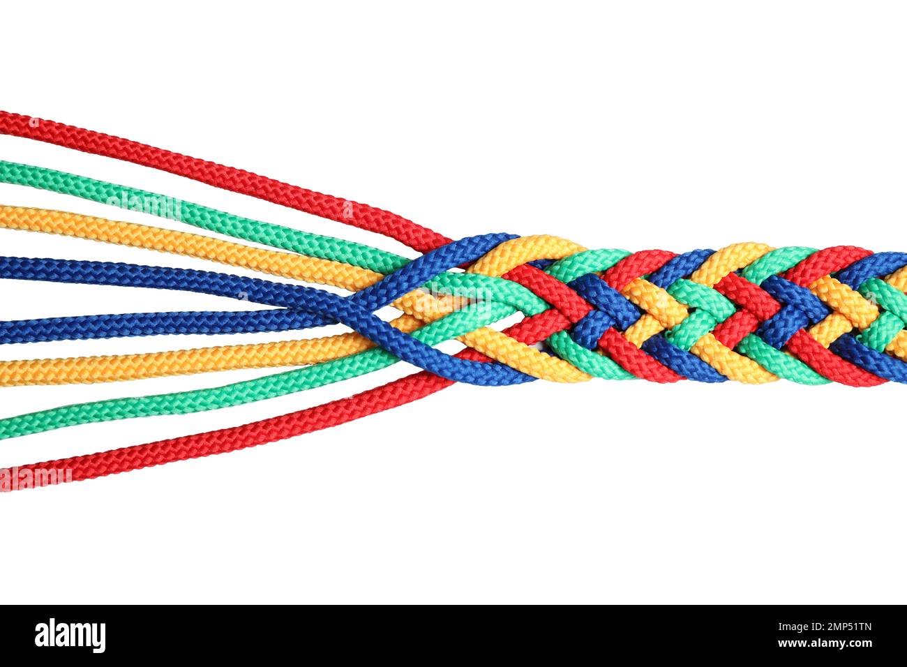Braided colorful ropes isolated on white, top view. Unity concept Stock ...