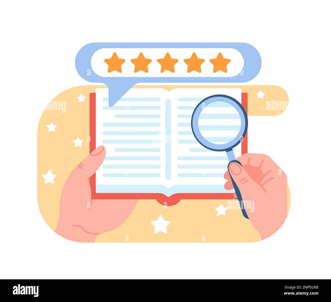 Book review. Literary rating. Ranking satisfaction stars. Hands with ...