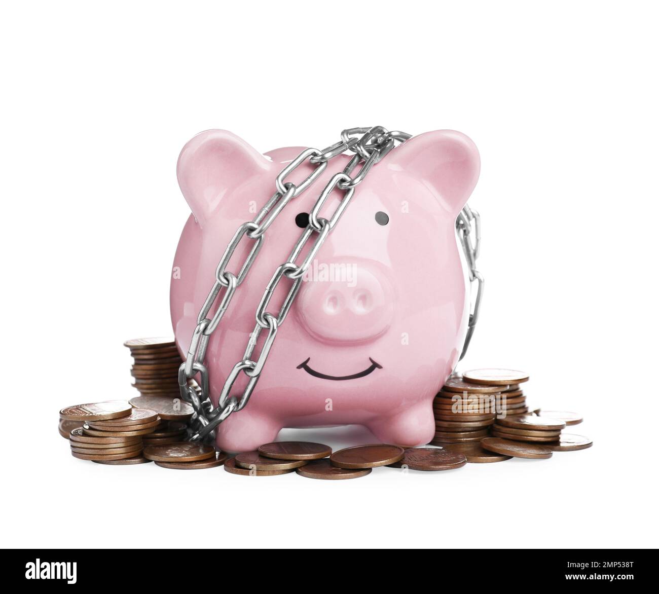 Piggy bank with steel chain and coins isolated on white. Money safety ...