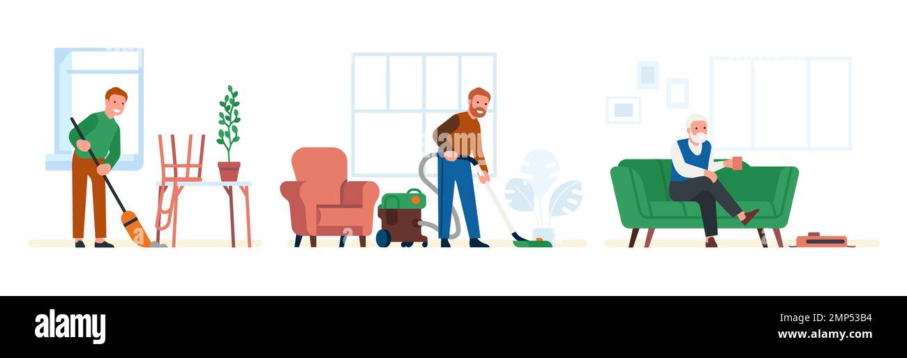 Evolution of cleaning devices. Man sweeping floor with broom in youth ...