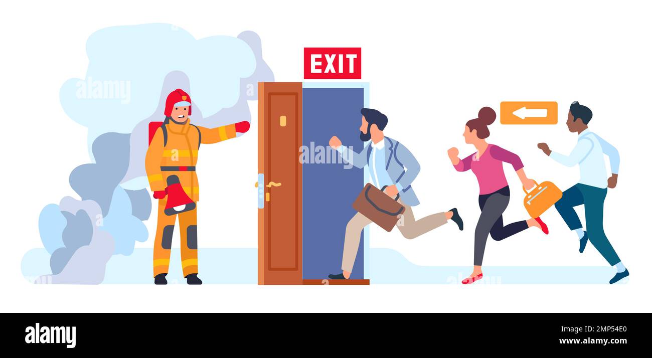 Firefighter with megaphone announces fire alarm. Fireman supervises evacuation of people from ...