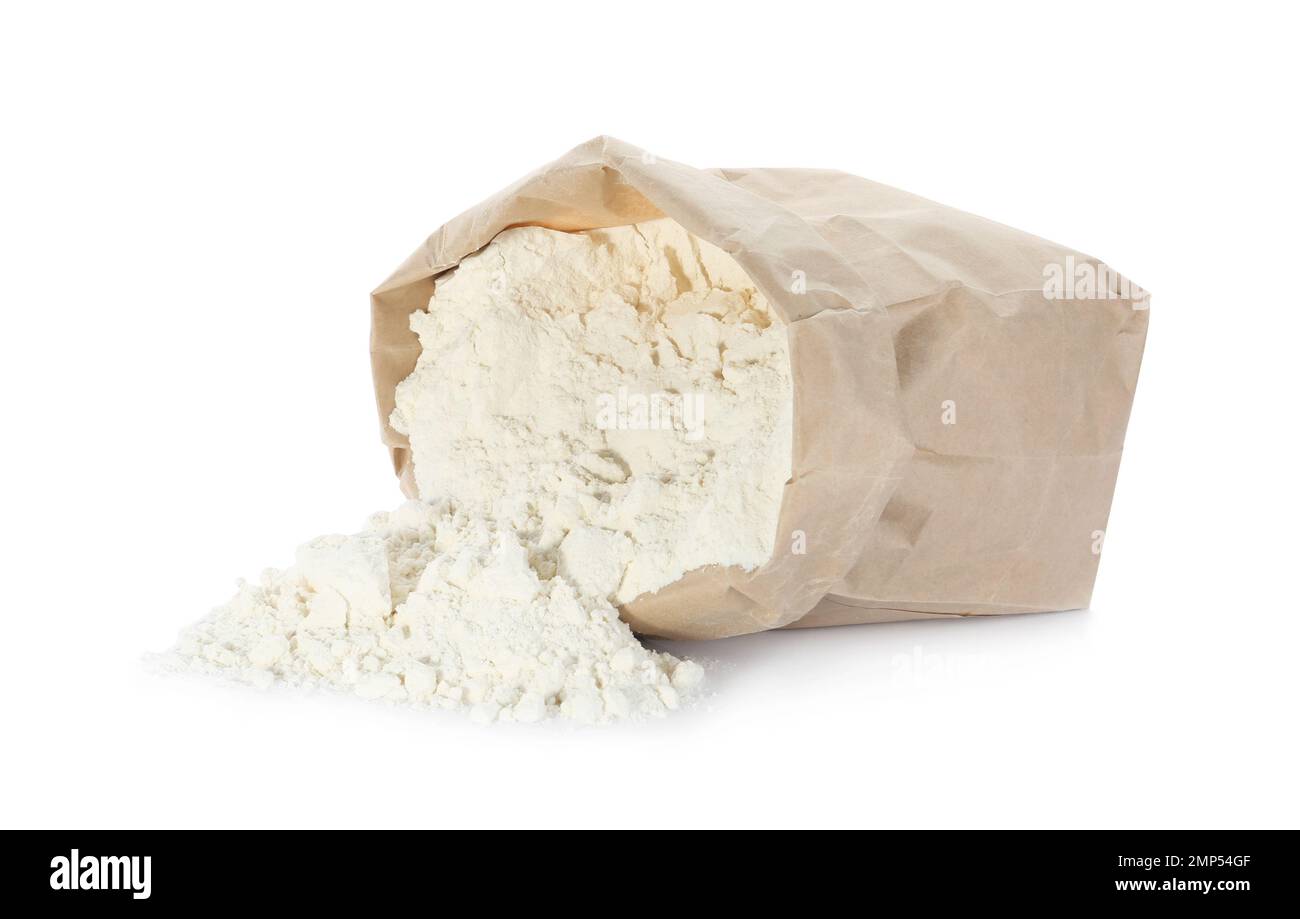 Overturned paper bag of flour isolated on white Stock Photo - Alamy