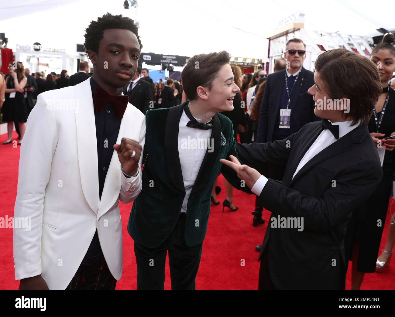 Caleb McLaughlin, from left, Noah Schnapp, and Gaten Matarazzo arrive ...