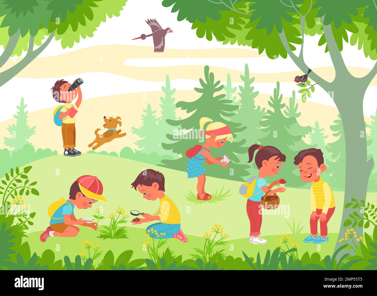 Kids study nature. Inquisitive researchers. Naturalists observe plants. Schoolkids find insects ...