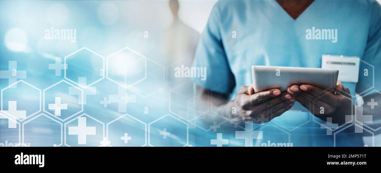 Tablet, medicine and doctor with technology transformation overlay ...