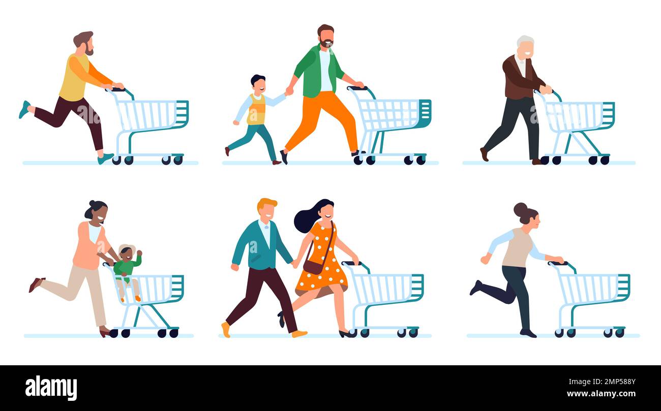 People at sale run away with empty carts. Male and female customers on ...