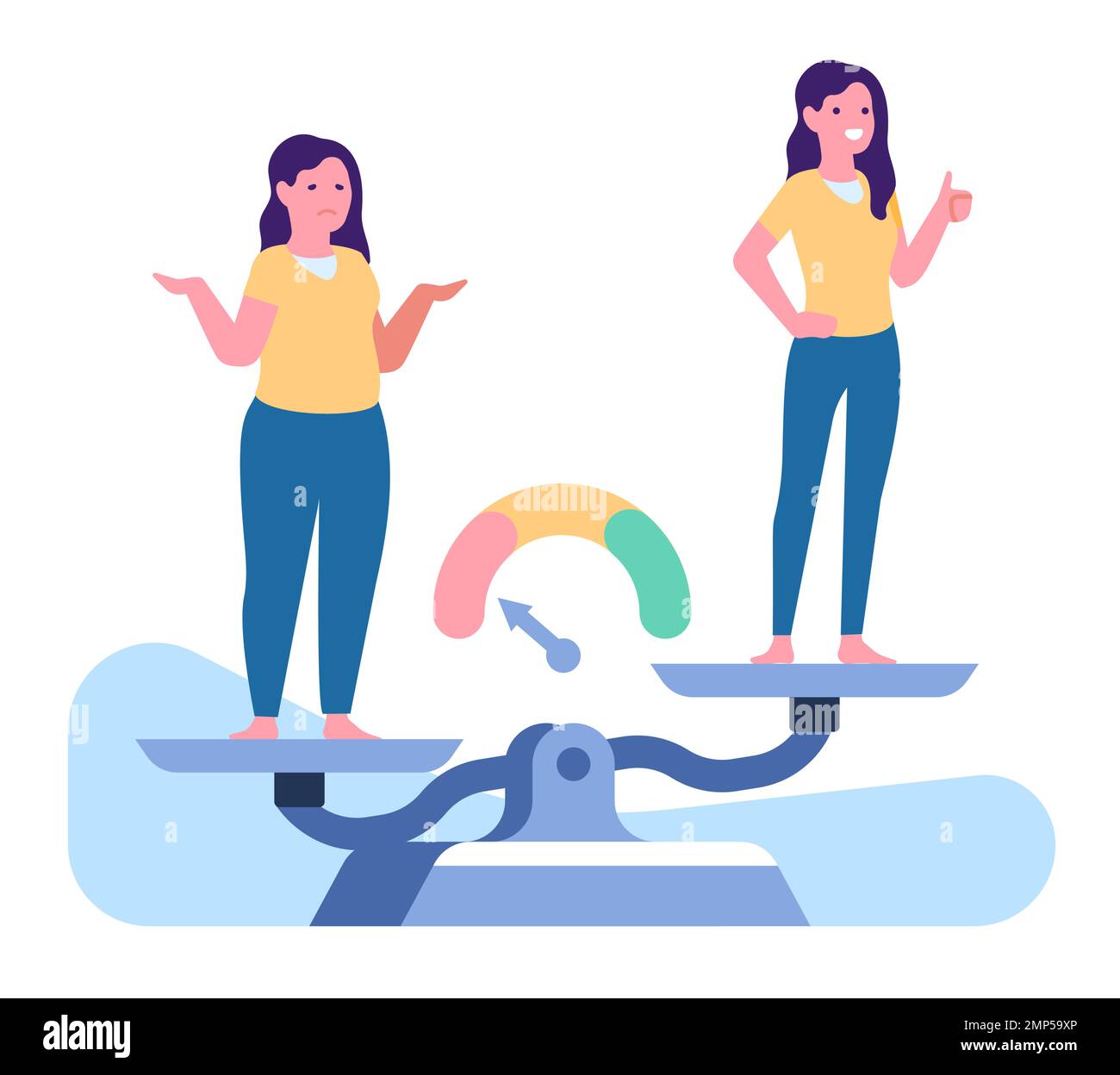 Sad fat and happy woman with slim body. Female standing on scales ...