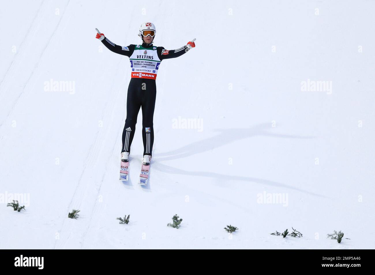 Daniel Andre Tande of Norway celebrates after his first competition ...