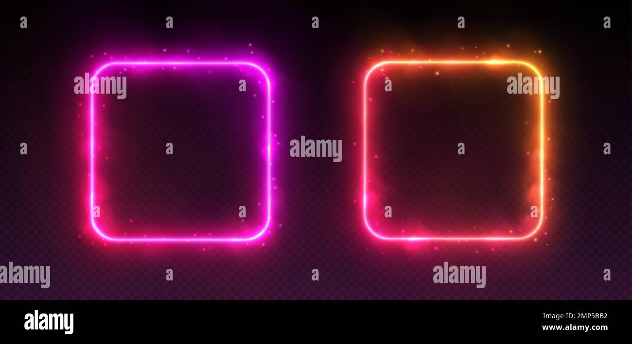 Neon frames with smoke and sparkles, gradient LED borders with fog and ...