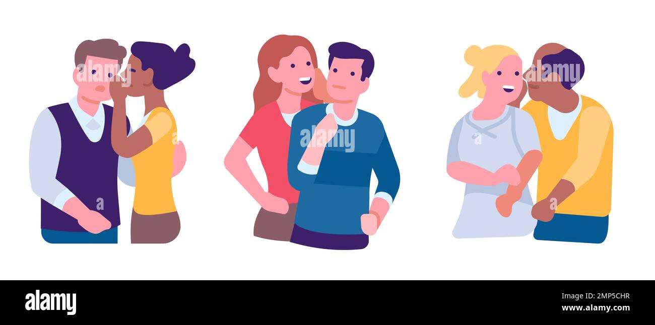 Women and men whispering gossip or secret rumors to each other. People ...