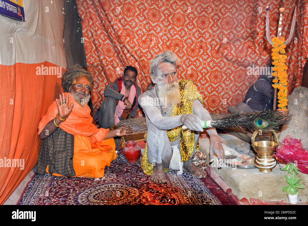 Sadhu covered with white ashes in a tent, For Editorial Use Only ...