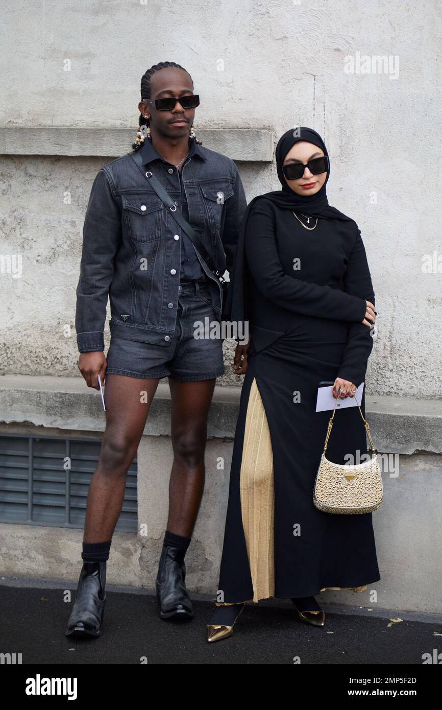 MILAN, ITALY - JANUARY 15, 2023: Aya Mohamed with guest before Prada ...