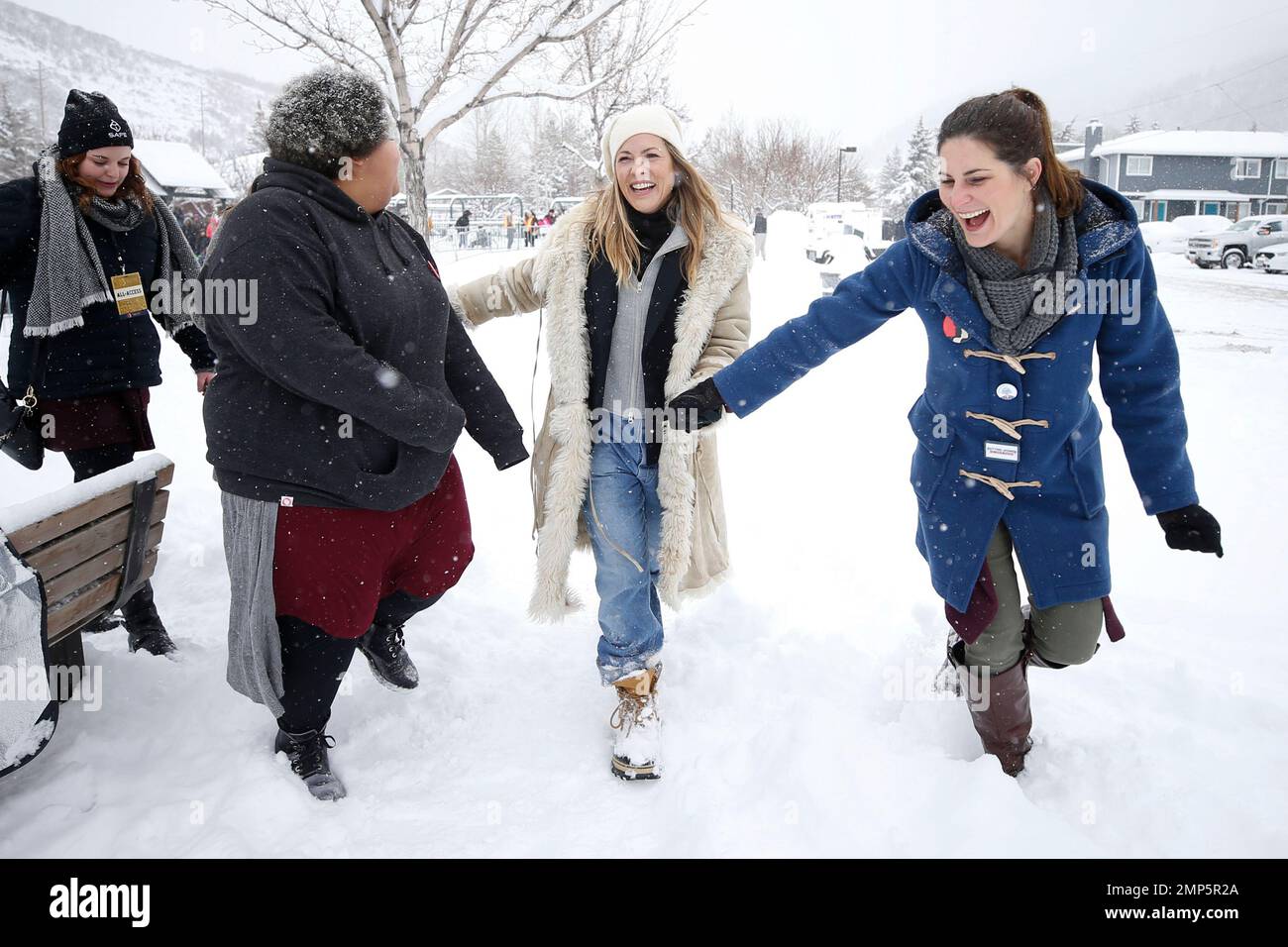 Actress Maria Bello, center, reacts with local actresses Tenisha Nicole ...