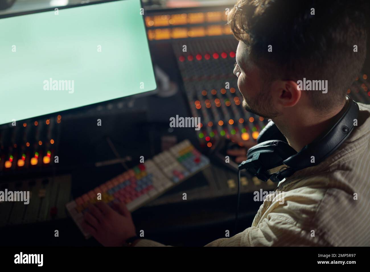 Man, musician or technology mockup screen for music recording, sound ...