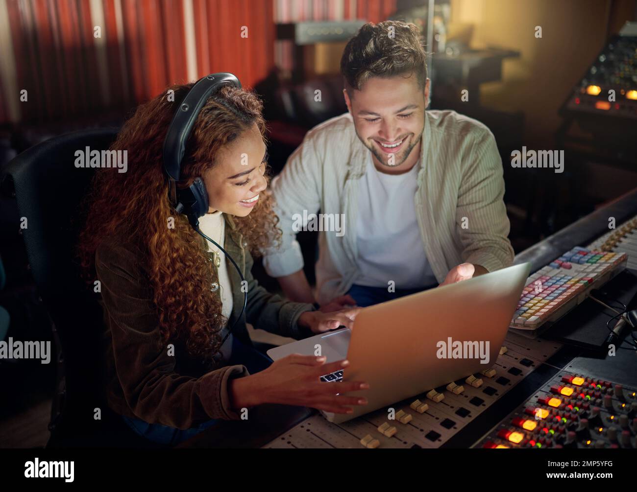 Collaboration, teamwork or music recording with sound headphones ...