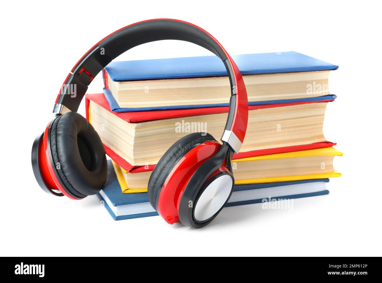 Books and modern headphones isolated on white Stock Photo - Alamy