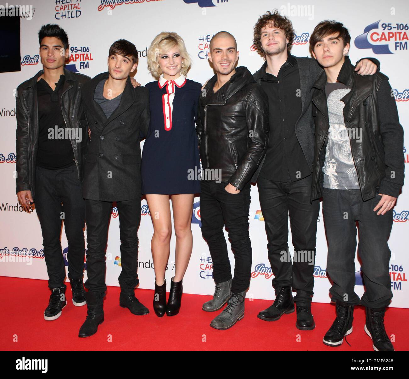 Pixie Lott poses with Siva Kaneswaran, Tom Parker, Max George, Jay ...