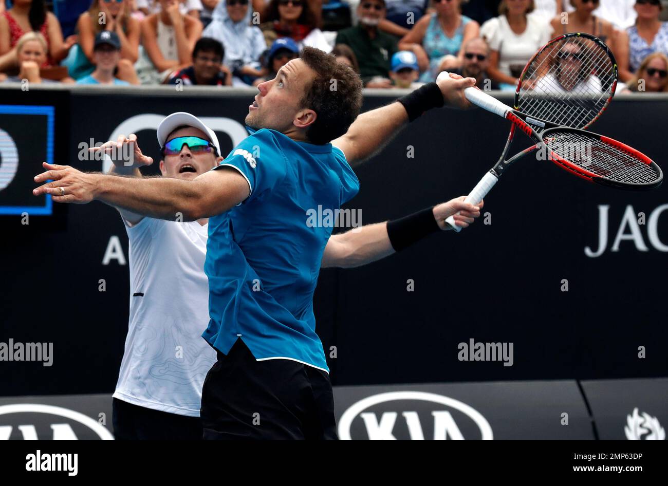 Britain's Jamie Murray, left, and partner Brazil's Bruno Soares both ...