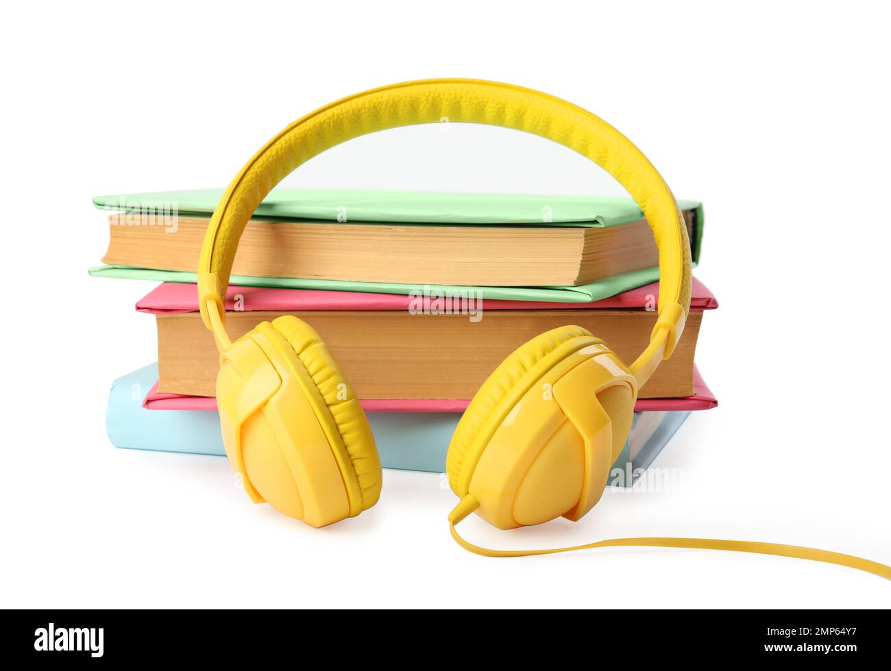 Books and modern headphones isolated on white Stock Photo - Alamy