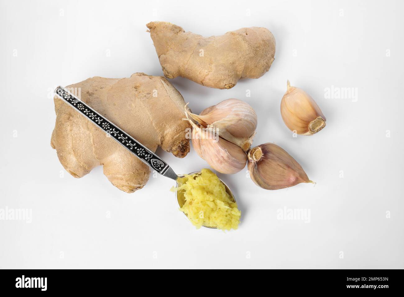 Fresh garlic and ginger isolated on white, top view. Natural cold ...