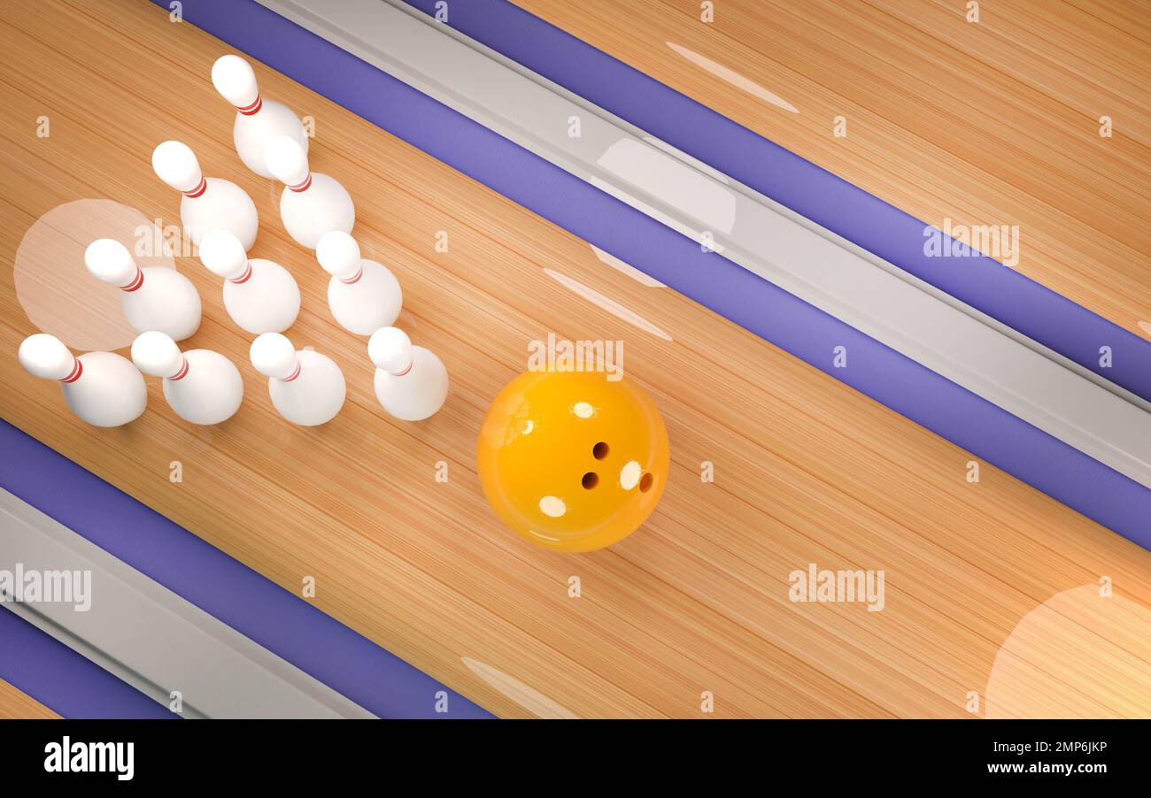 bowling pins stands near a yellow bowling ball on a lane 3D render top ...