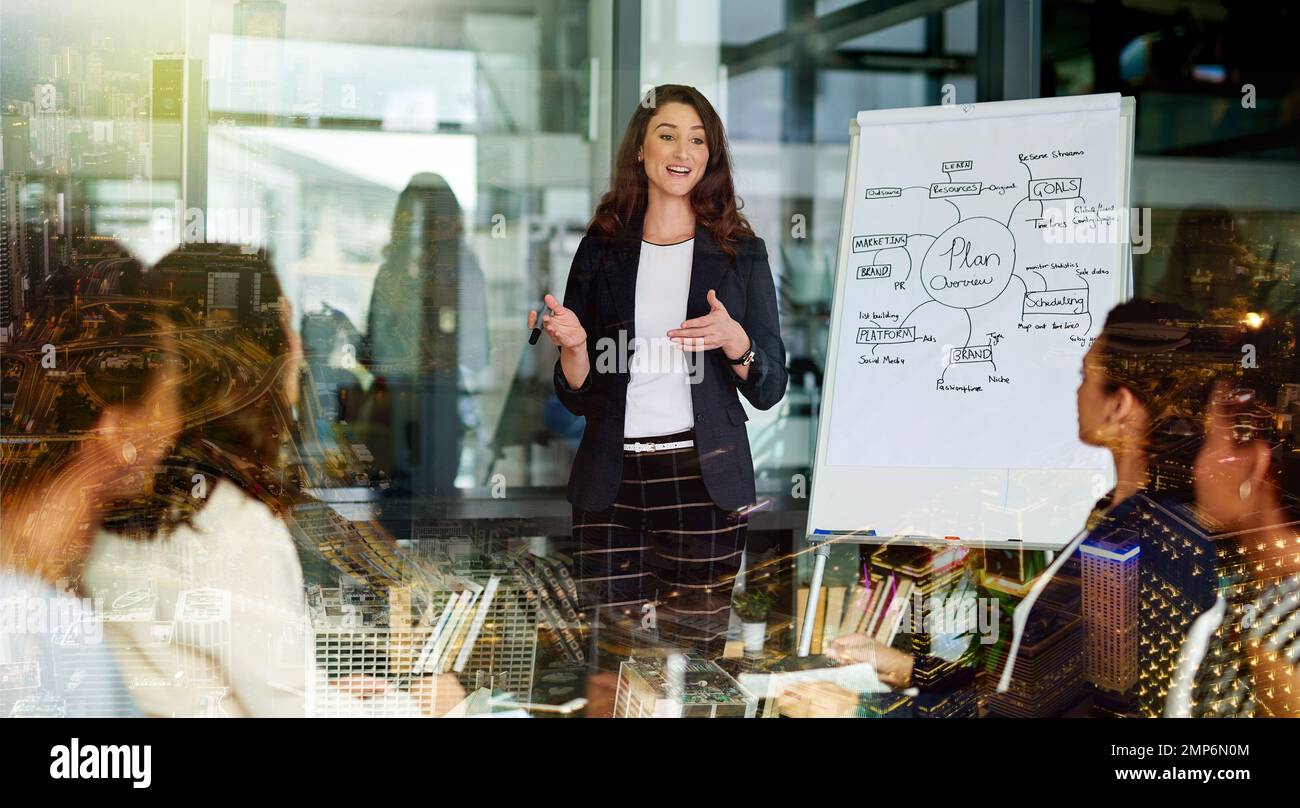 Business people, planning and meeting with team, woman speaker with ...