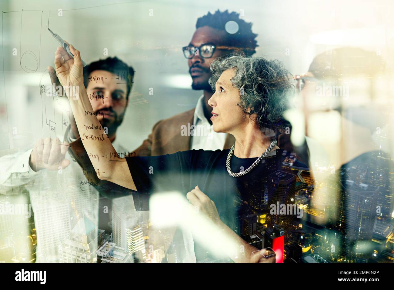 Overlay, glass and team with leader writing, brainstorming and ...