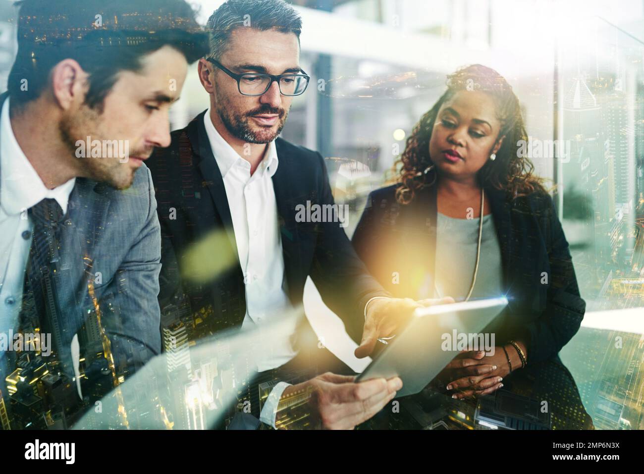 Planning, tablet and people with digital overlay for corporate strategy ...