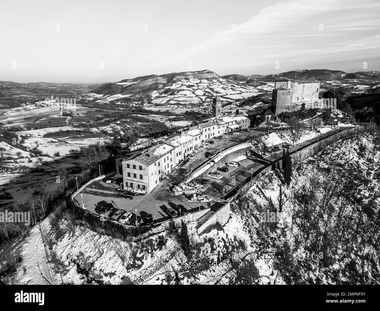 Italy, January 2023: aerial view of the medieval village of Frontone ...