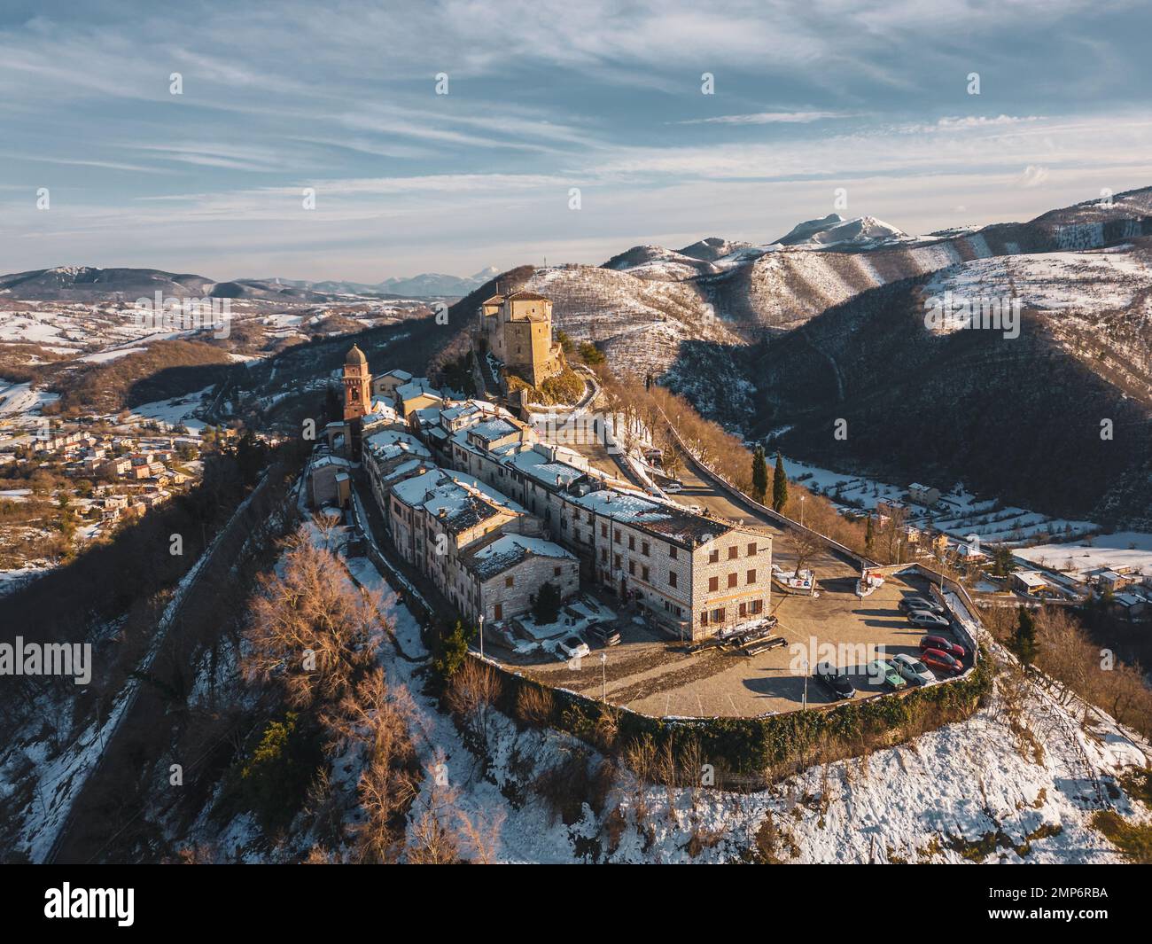 Italy, January 2023: aerial view of the medieval village of Frontone ...