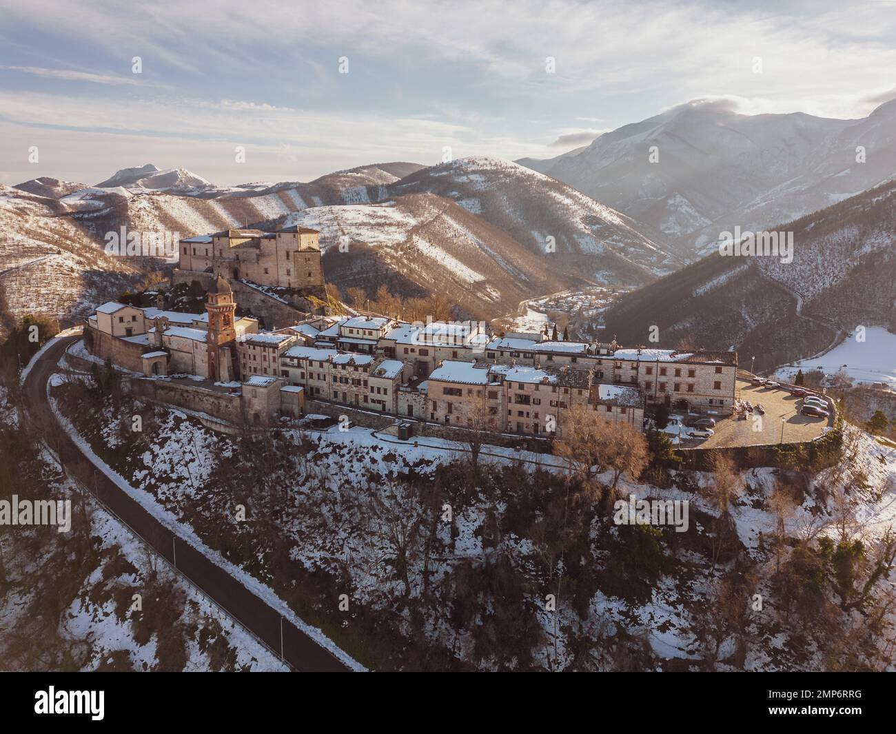 Italy, January 2023: aerial view of the medieval village of Frontone ...