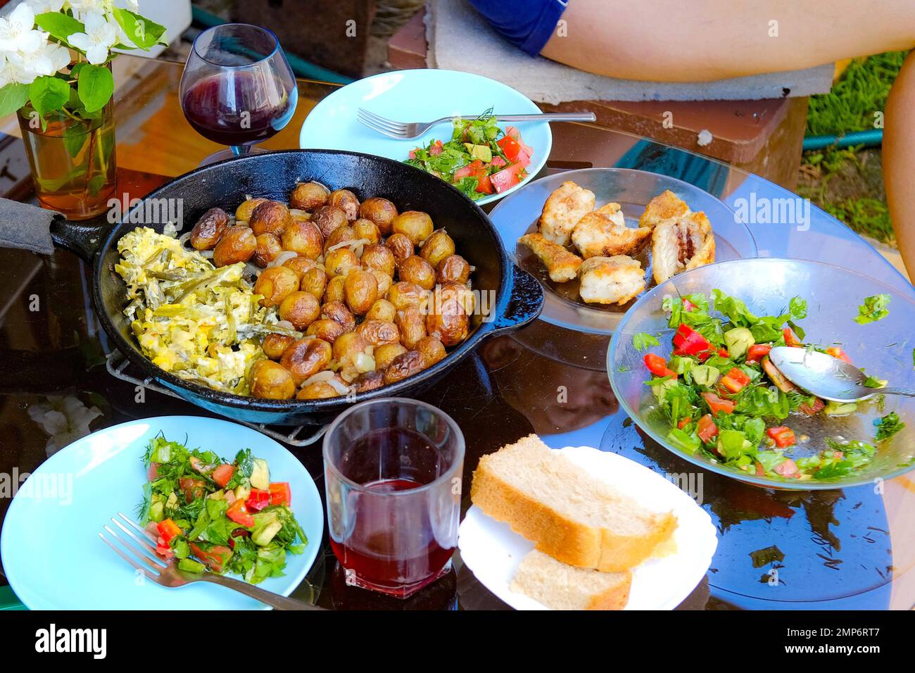 dining table with food and drink in the garden house street appetite ...