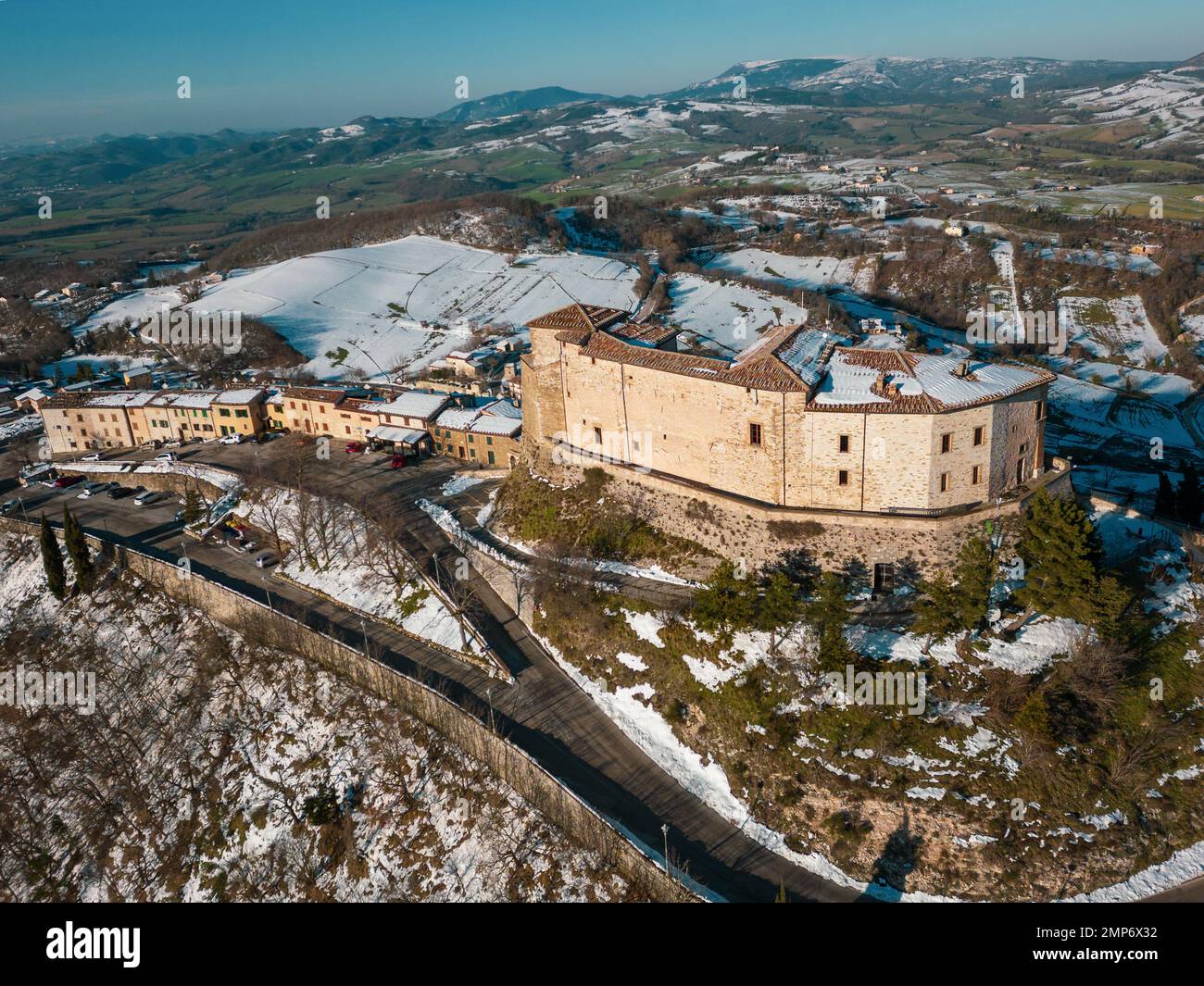 Italy, January 2023: aerial view of the medieval village of Frontone ...