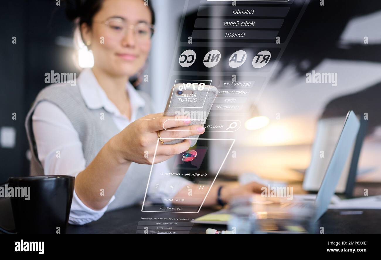 Smart Home Technology Phone Dashboard And Woman Programming Safety Security Digital Ai Network