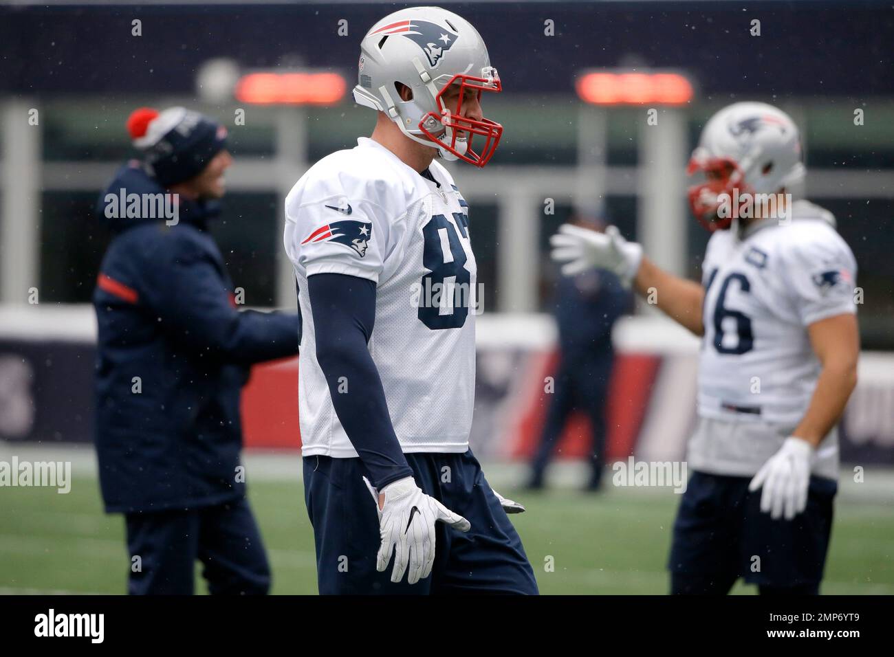New England Patriots tight end Rob Gronkowski (87) warms up during an ...