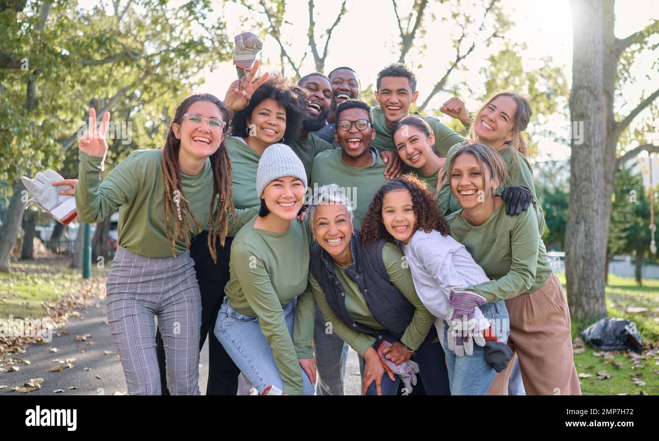 Teamwork, community and portrait of people cleaning park, forest and ...