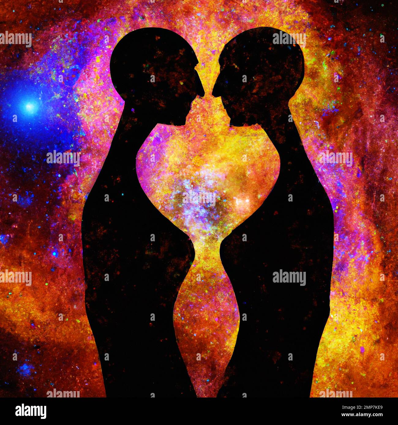 Two Aliens silhouettes at abstract cosmic background. Aliens souls ...