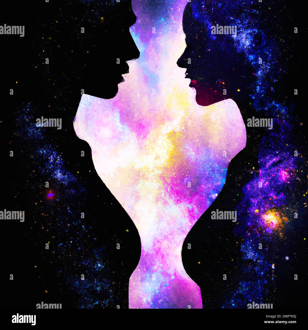 Man and Woman silhouettes at abstract cosmic background. Human souls ...