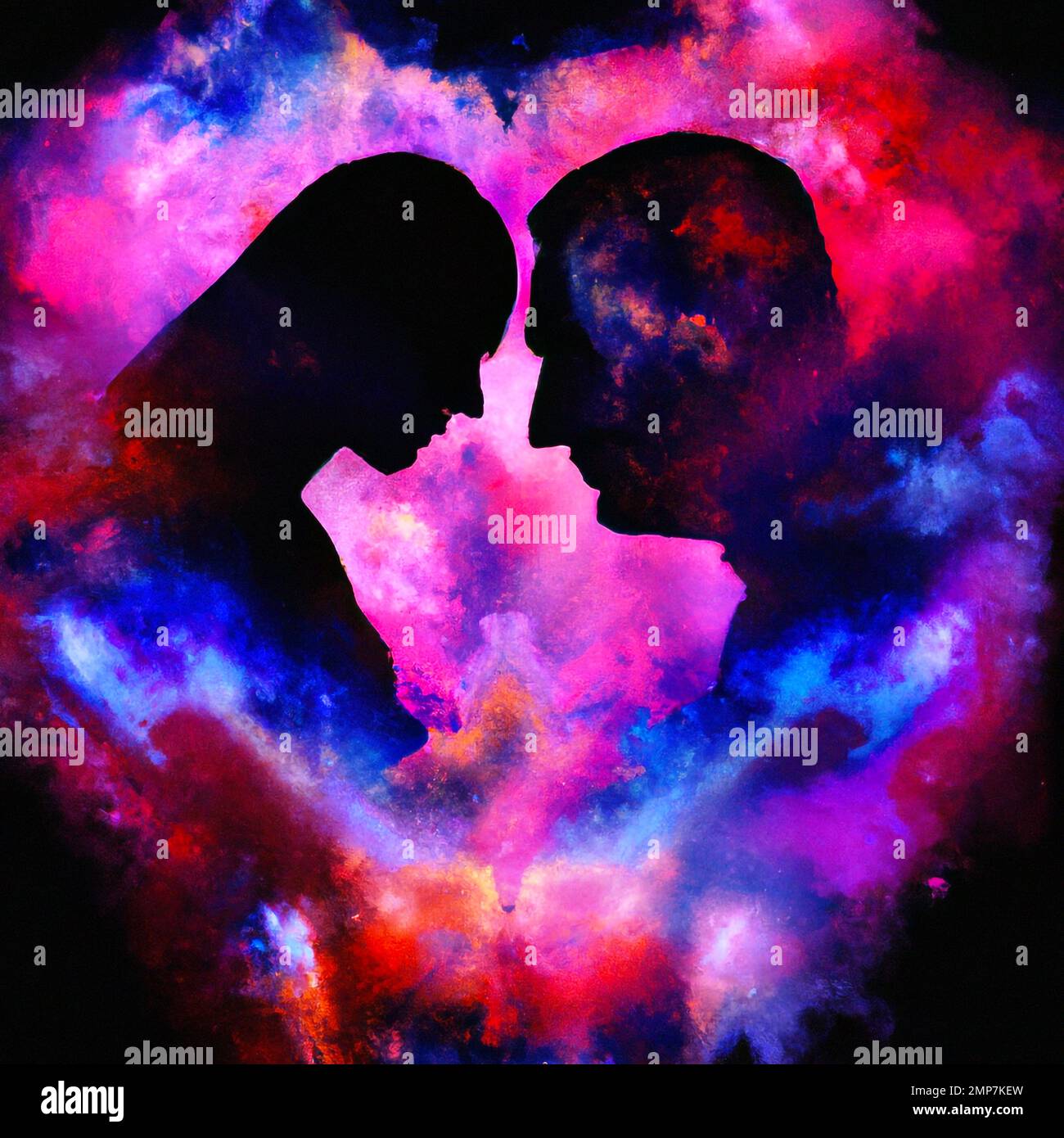 Man and Woman silhouettes at abstract cosmic background. Human souls ...