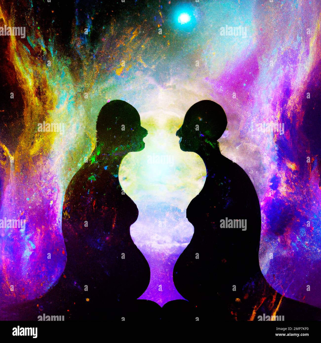 Two Aliens silhouettes at abstract cosmic background. Aliens souls ...