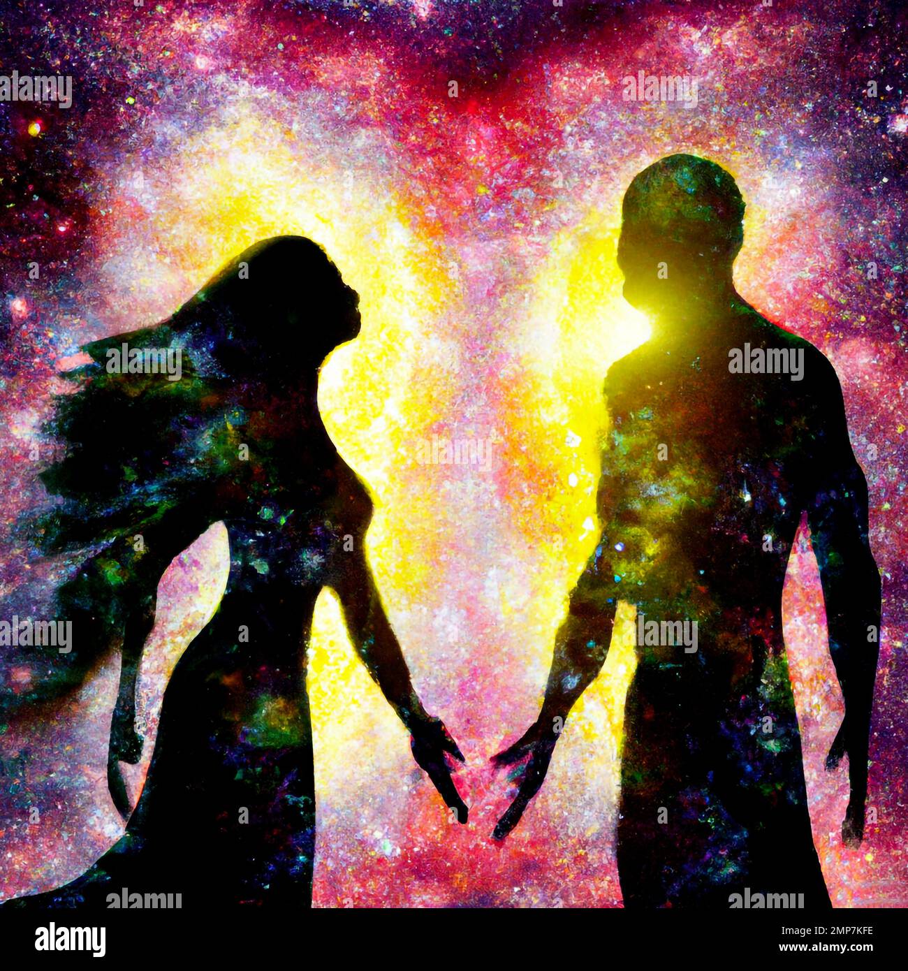 Man and Woman silhouettes at abstract cosmic background. Human souls ...