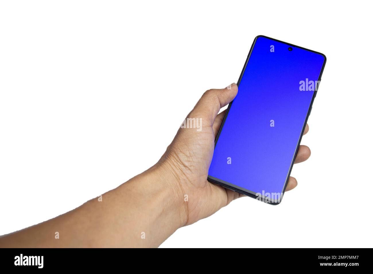 Mobile phone at blue screen black smartphone on white background,with ...