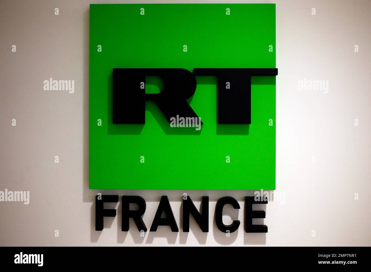 The logo of RT France is pictured as Xenia Fedorova, chief executive of ...